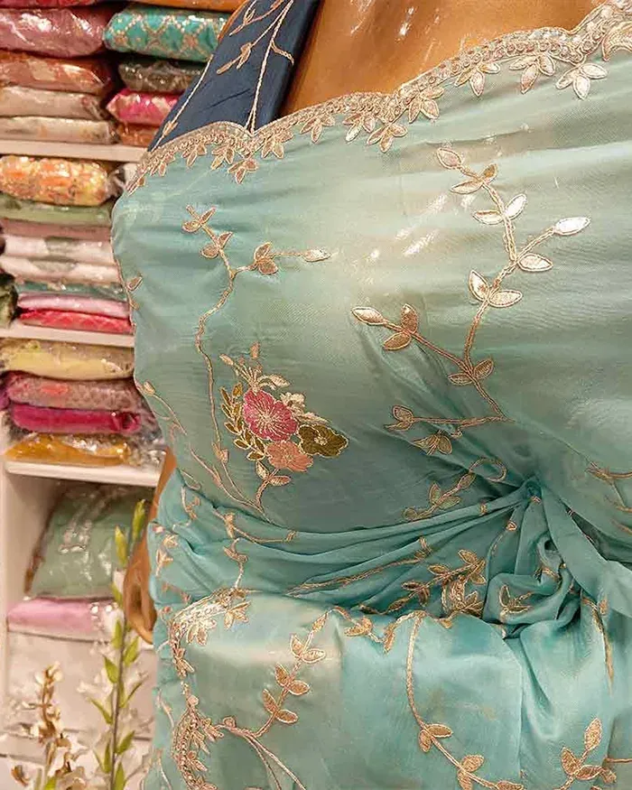 Ice Blue Gota Patti Organza Saree - Aano Edition